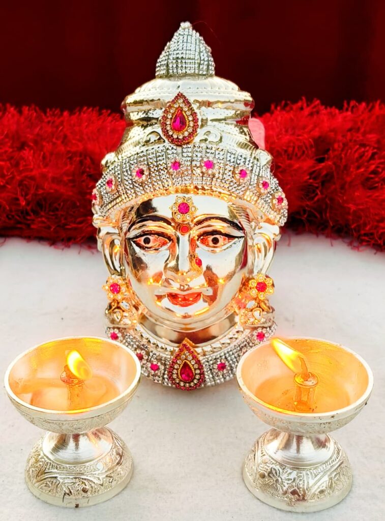 German silver laxmi face with 2 akhand diya - Na Dhukan - Pure Desi Market